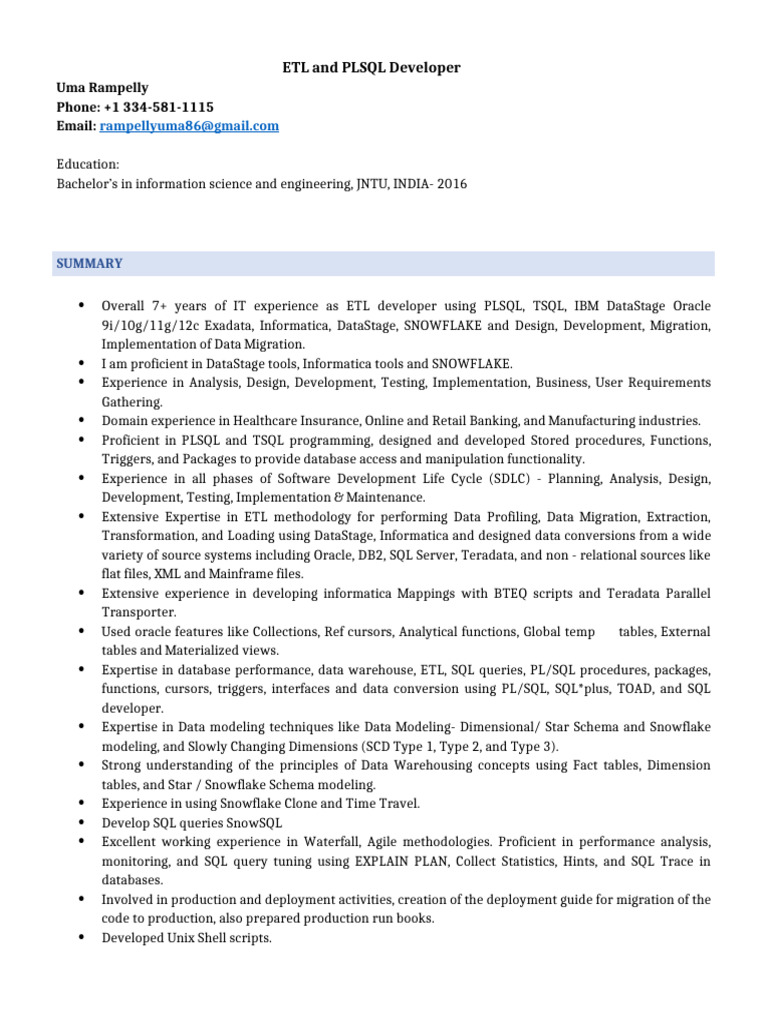 Uma_ETLDeveloper_Resume | PDF | Pl/Sql | Ibm Db2