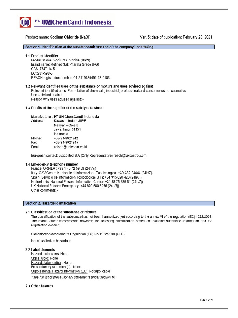 Sodium Chloride Safety Data Sheet | PDF | Dangerous Goods | Water