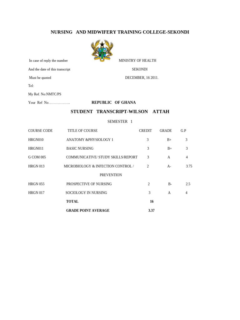 Sekondi Nursing Training Transcript | PDF