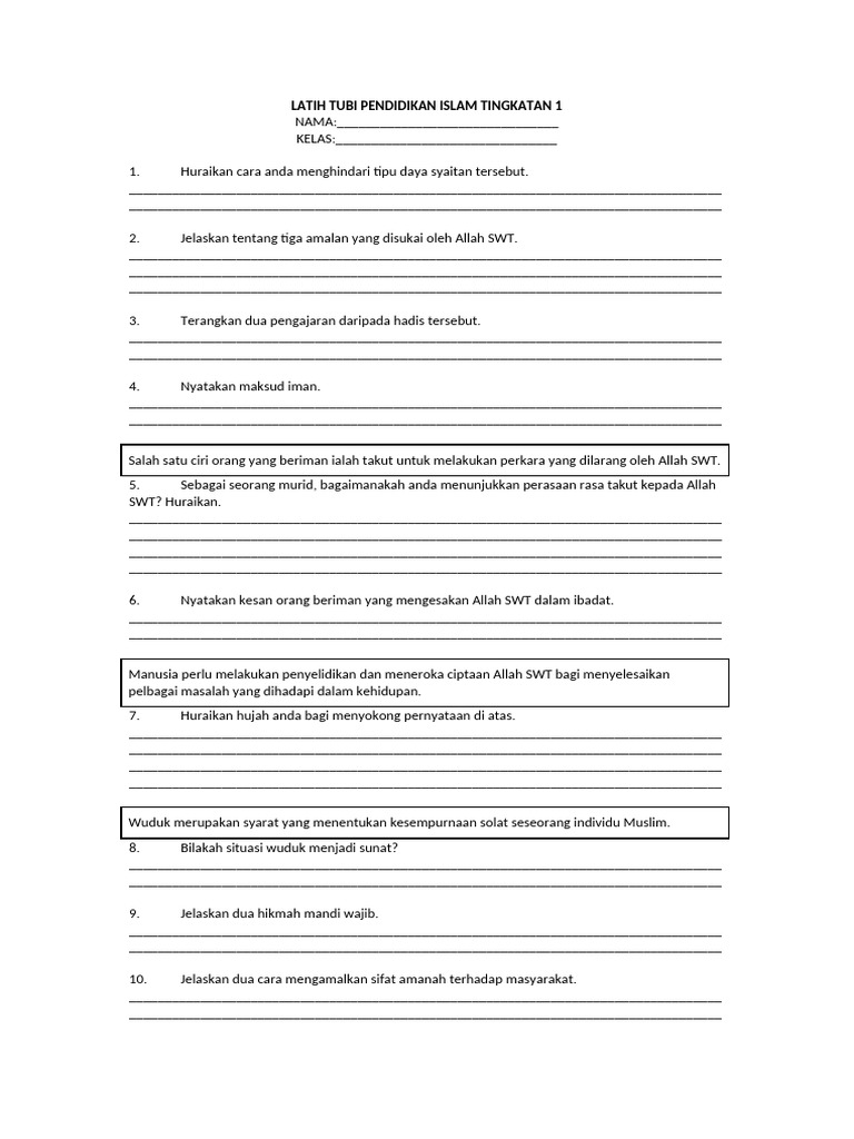 Latih Tubi Pendidikan Islam Tingkatan 1 | PDF