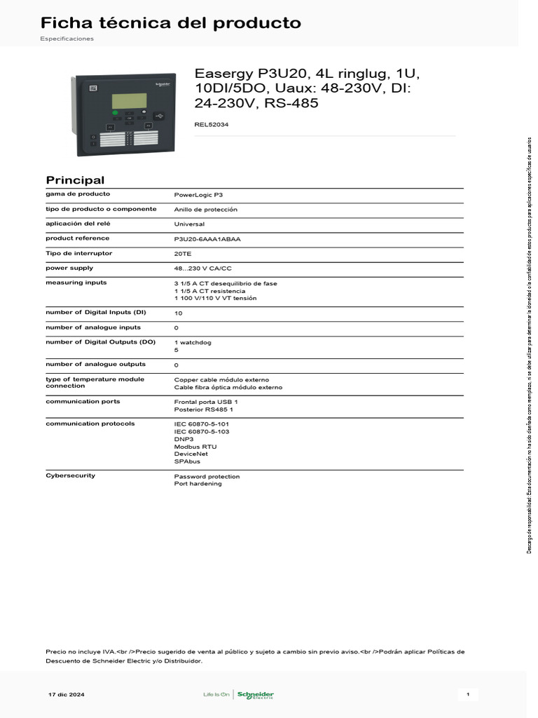 Schneider Electric Relevadores de Protección PowerLogic P3 REL52034 ...