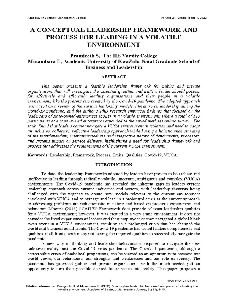 A Conceptual Leadership Framework and Process For Leading in A Volatile ...