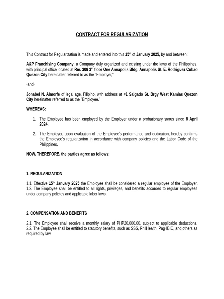 Employee Regularization Contract | PDF | Employment | Business