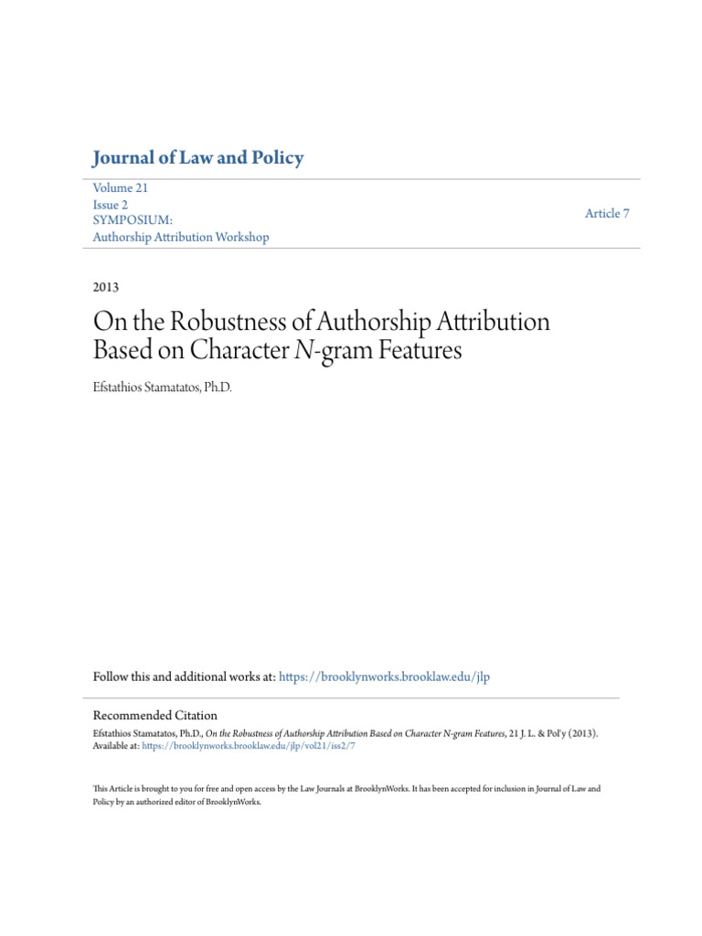 On The Robustness of Authorship Attribution Based On Character - I | PDF | Statistical ...