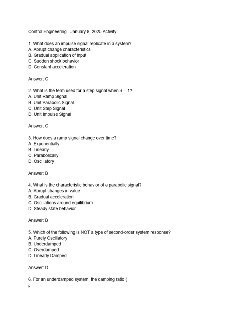 Control Engineering - January 8, 2025 Activity | PDF | Damping | Electronic Engineering