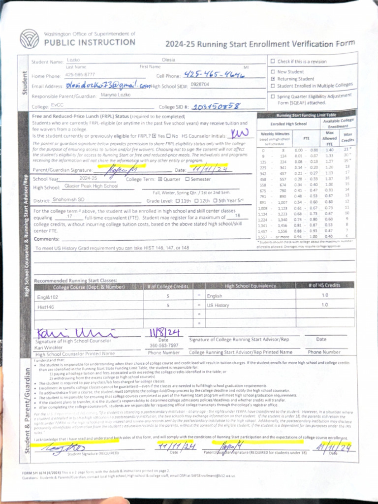 2024-25 Running Start Enrollment Verification Form | PDF