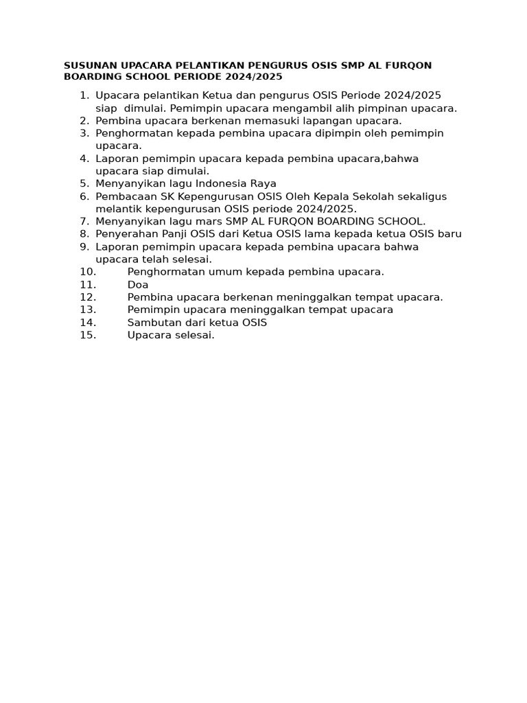 Pelantikan Pengurus OSIS SMP Al Furqon 2024/2025 | PDF