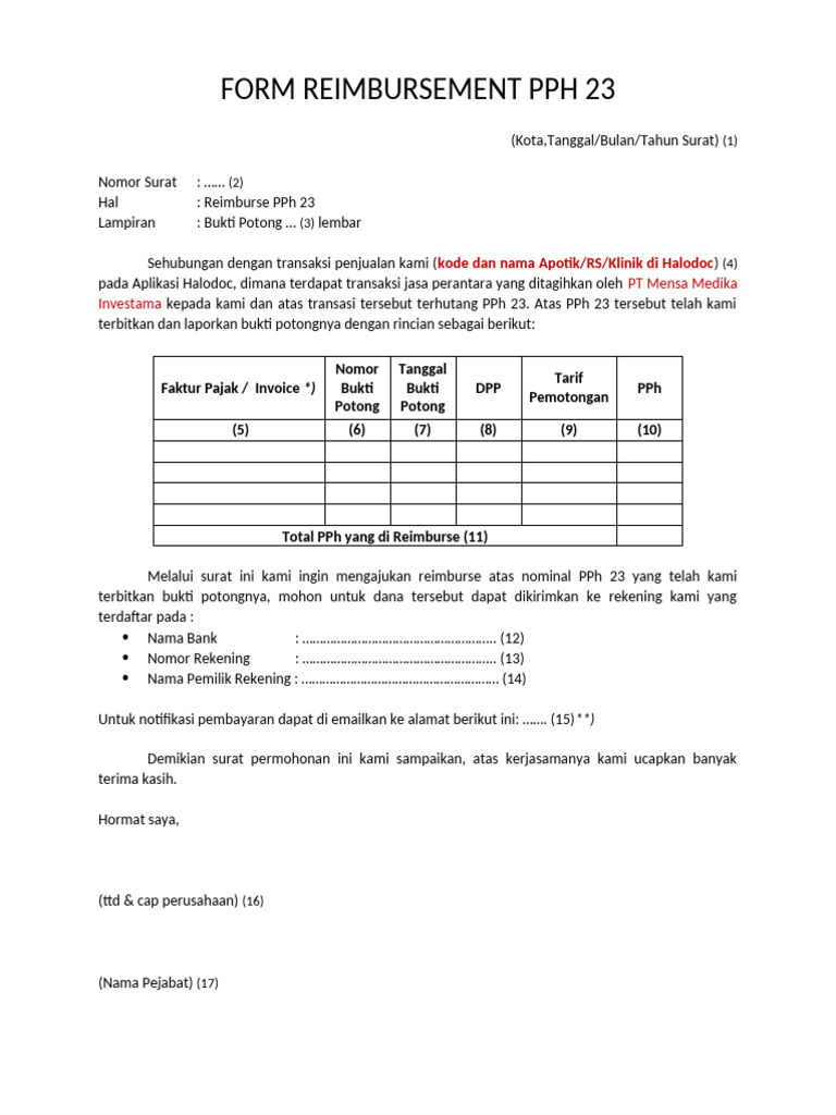 Formulir Reimbursement PPh 23 | PDF