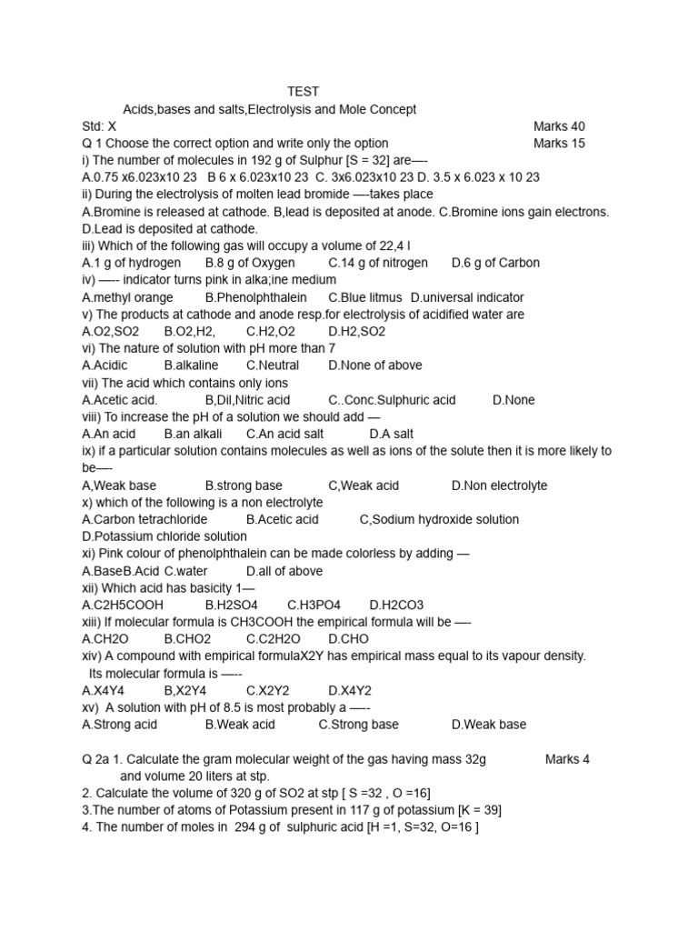 Electrolysis and Mole Concept Practice Test | PDF | Acid | Chemical ...