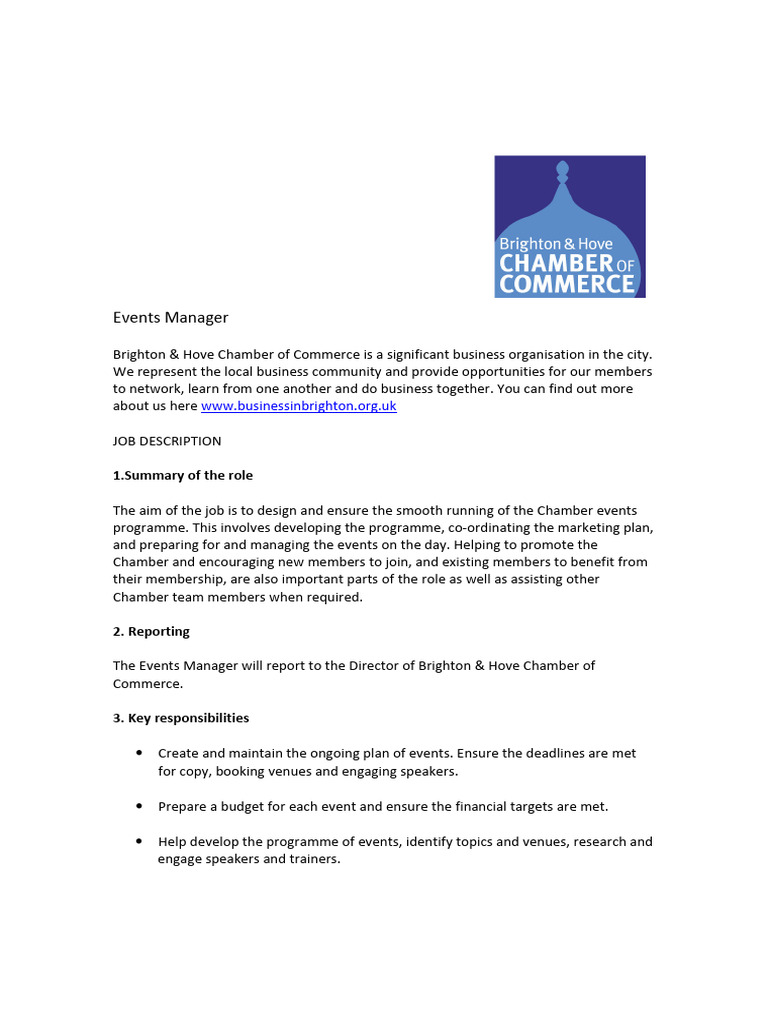 Events Manager Role at Brighton Chamber | PDF | Social Media | Popular ...