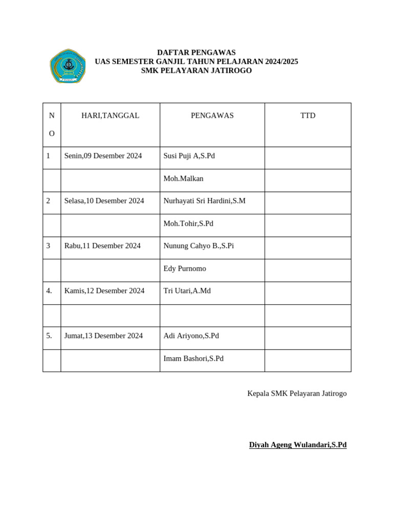 Daftar Pengawas Pas 2024 | PDF