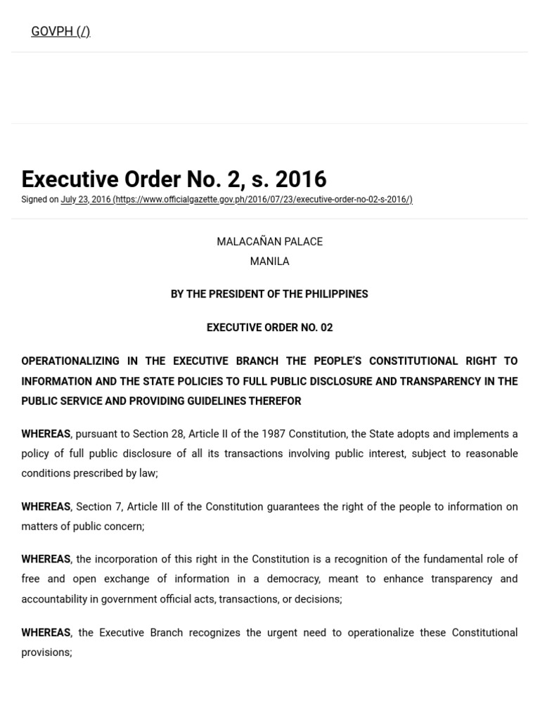 Executive Order No. 2, S. 2016 - Official Gazette of The Republic of ...