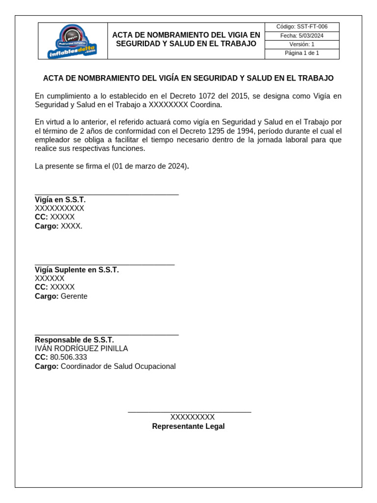 SST-FT-006 Formato Acta de nombramiento del vigia en seguridad y salud en el trabajo. | PDF
