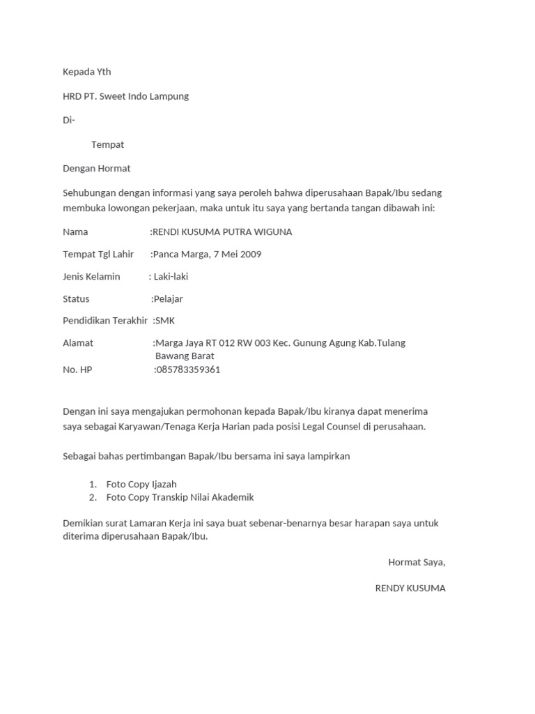 Surat Lamaran Rendy Kusuma | PDF