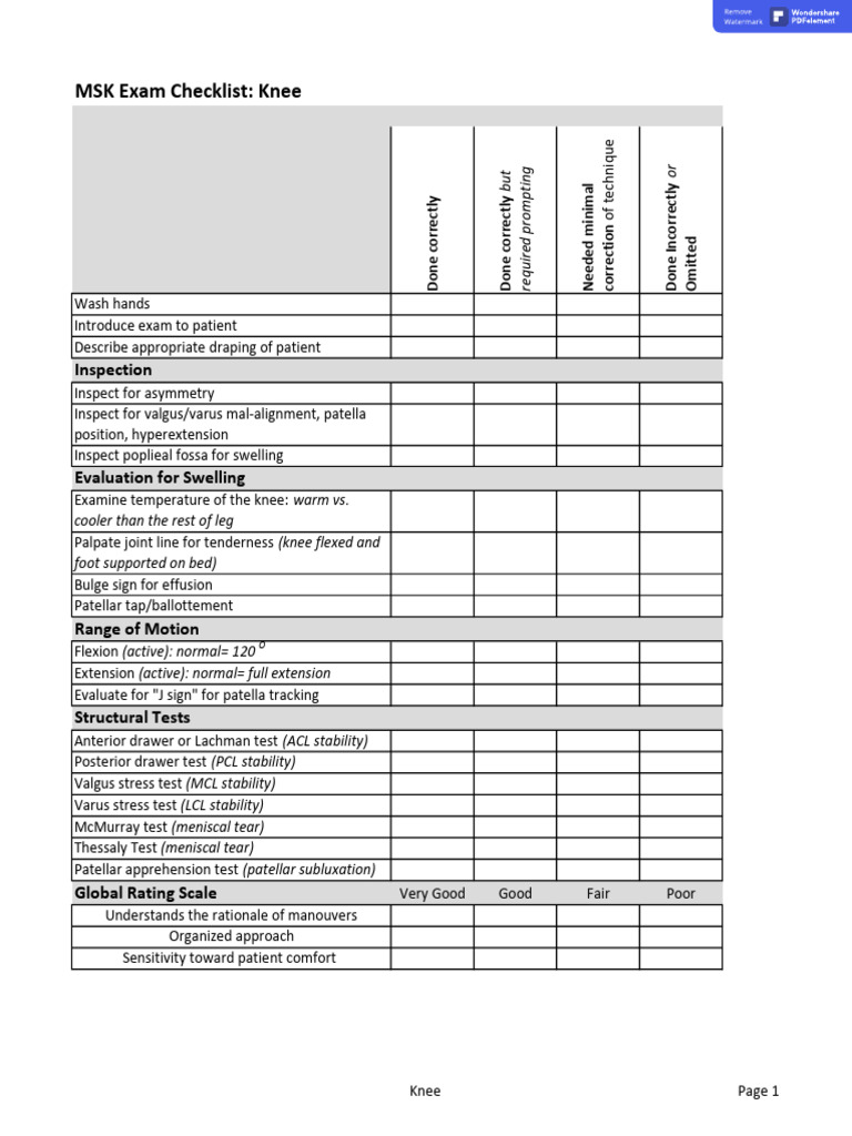 Knee checklist | PDF | Knee | Musculoskeletal System