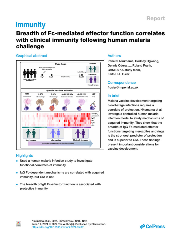 Breadth of Fc Mediated Effector Function Correlate | PDF | Plasmodium ...