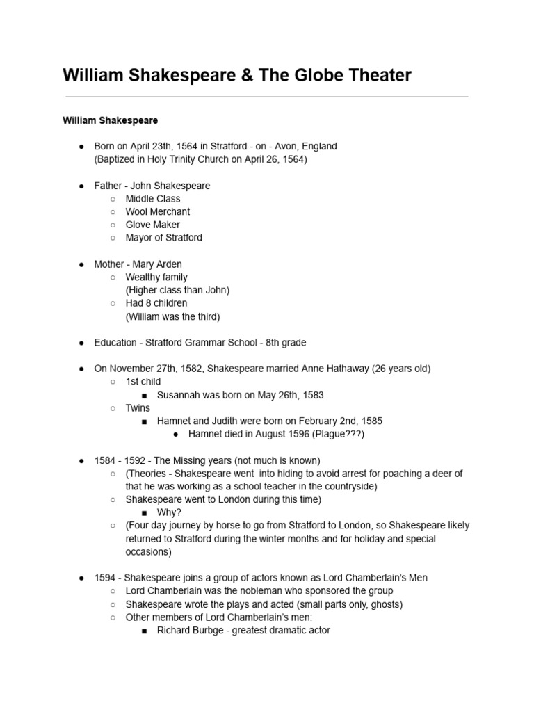 William Shakespeare & The Globe Theater - Notes | PDF | William ...
