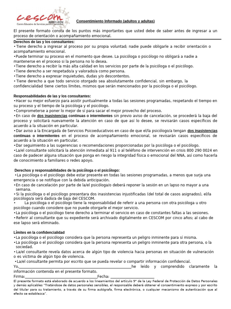 Consentimiento Informado Personas Adultas | PDF | Sicología