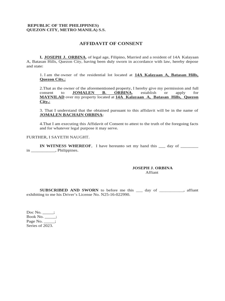 Affidavit of Consent for Maynilad Application | PDF