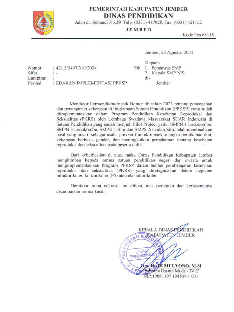 Surat Edaran Implementasi PKRS Dalam Pembelajaran | PDF