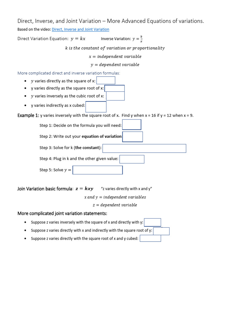 Direct, Inverse, and Joint Variation - Harder | PDF | Mathematical ...