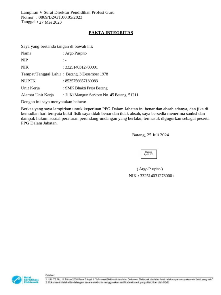 Pakta - Integritas - PPG - Daljab - 2024 Upi | PDF