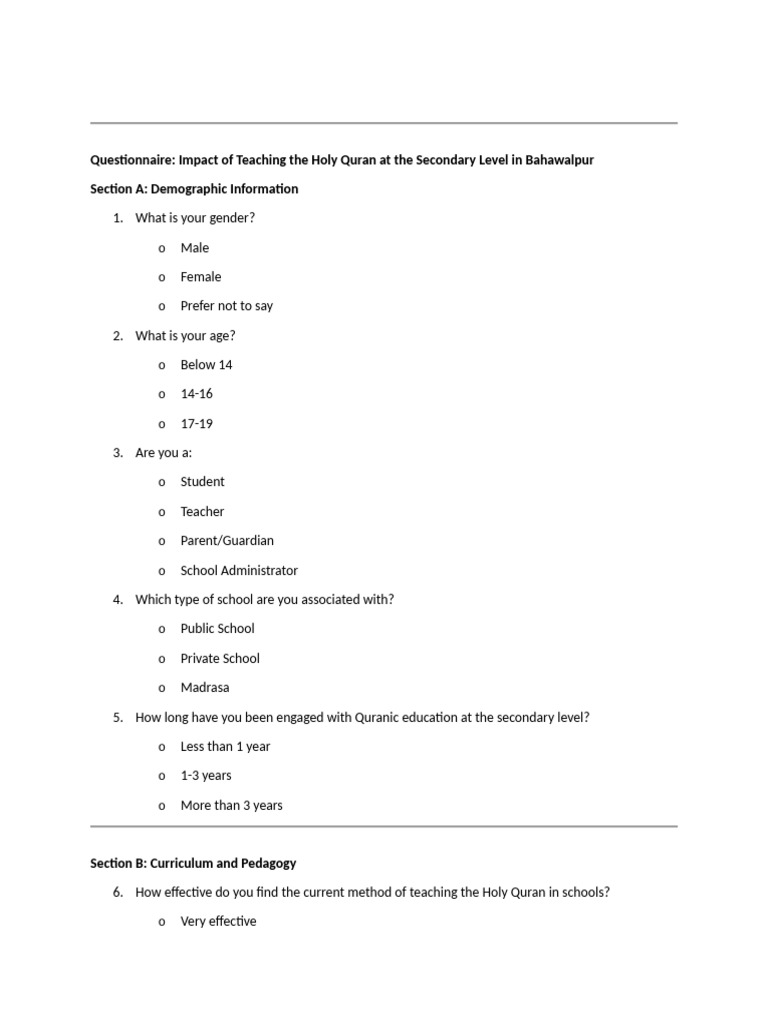 Quran Teaching Impact Survey in Bahawalpur | PDF | Teachers | Quran