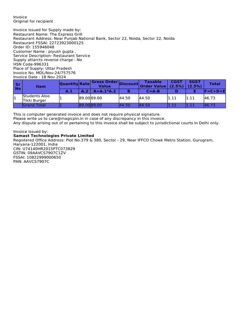 Invoice for The Express Grill Service | PDF