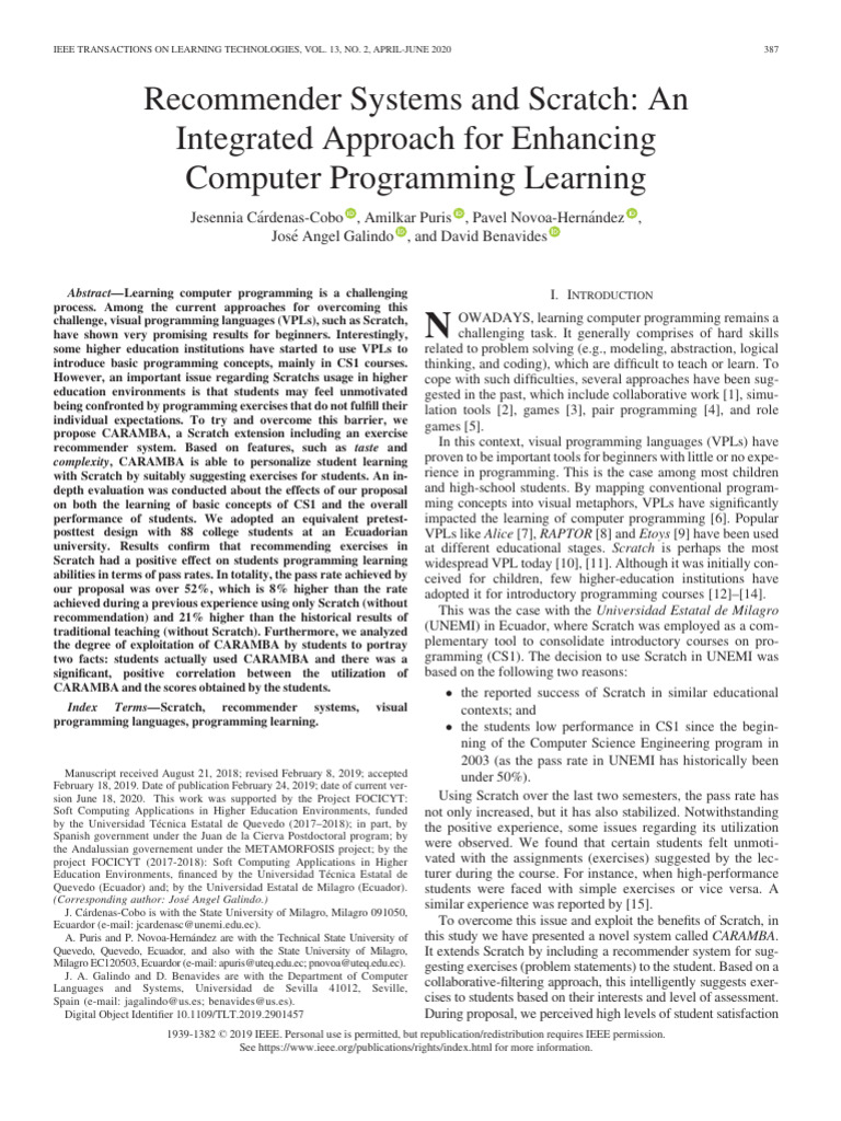 Recommender Systems and Scratch An Integrated Approach For Enhancing Computer Programming ...