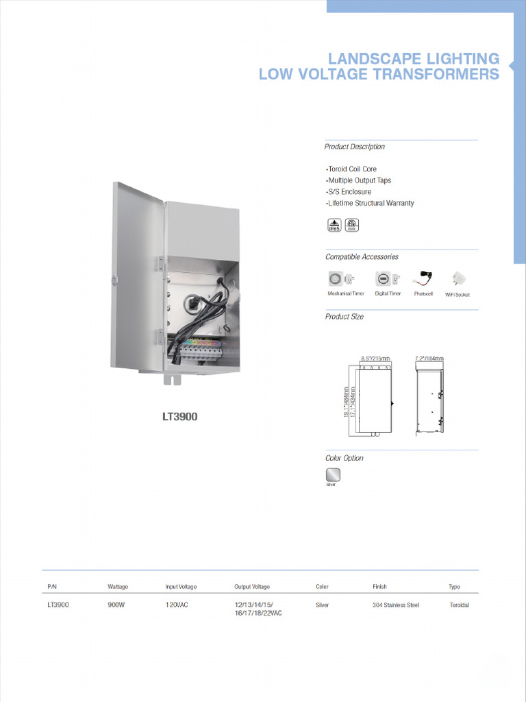 LT3900 900W Toroidal Transformer For Landscape Lighting | PDF