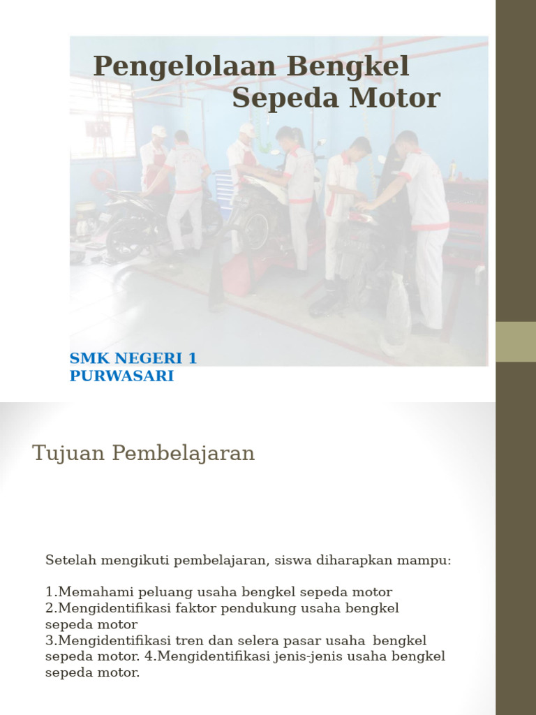 Materi PPT Pengelolaan Bengkel Sepeda Motor Pertemuan 1 Compress | PDF