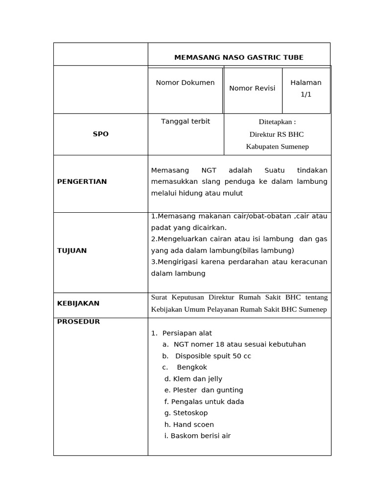 Spo Memasang Naso Gastric Tube Igd BHC | PDF