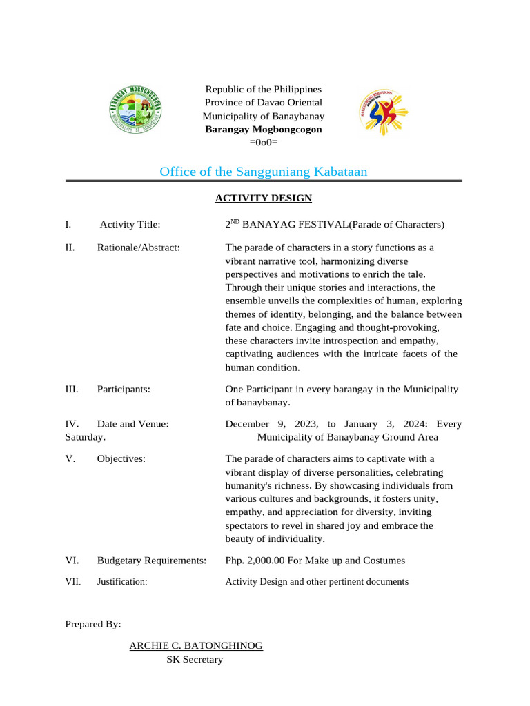 Activity Design For Banayag (Parade of Character) | PDF