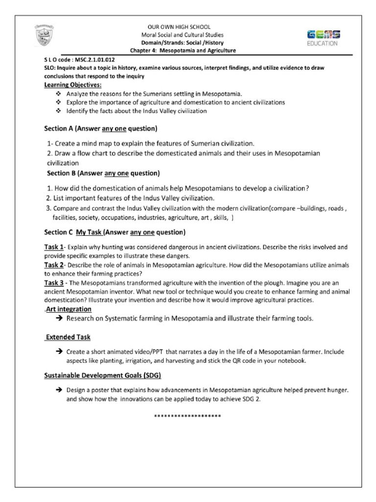 Chapter 4 - Mesopotamia and Agriculture Notebookwork | PDF