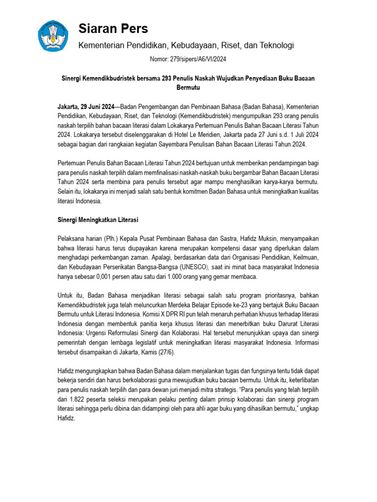 Siaran Pers 279 - Sinergi Kemendikbudristek Bersama 293 Penulis Naskah ...