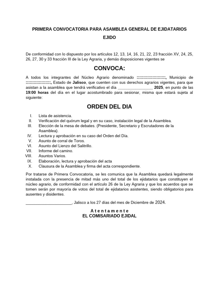 Primera Convocatoria para Asamblea General de Ejidatarios | PDF