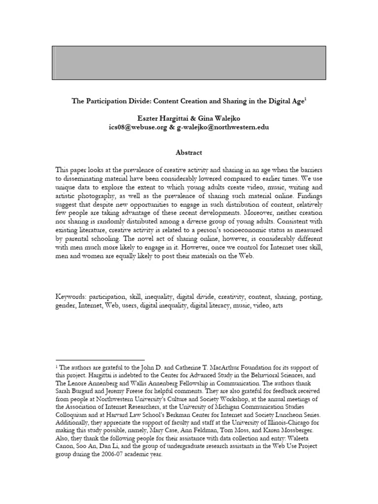 Hargittai, Walejko - 2008 - The Participation Divide Content creation ...