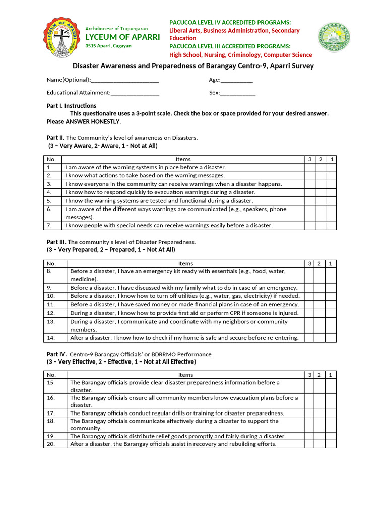 Barangay Centro 9 Disaster Questionaire | PDF | Emergency Management | Emergency