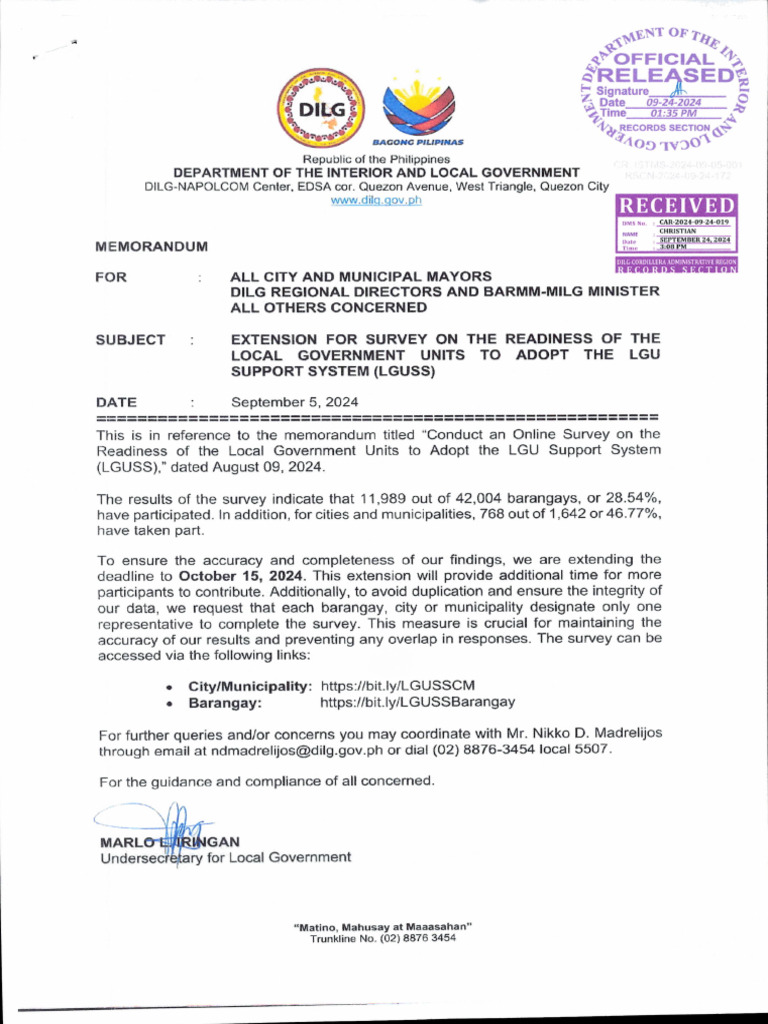 Extension For Survey On The Readiness of The Local Government Units To ...