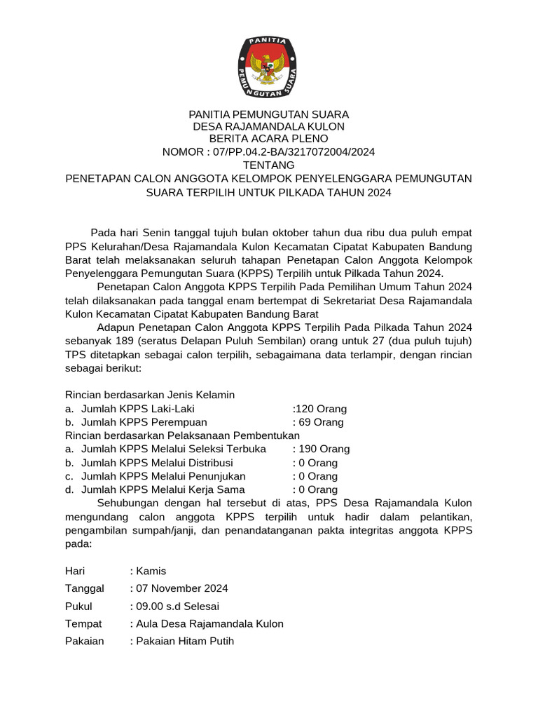 0 Berita Acara PPS Penetapan KPPS Terpilih Fix | PDF