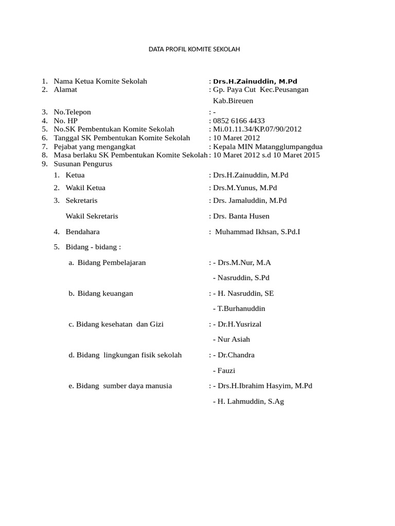 DATA PROFIL KOMITE SEKOLAH | PDF