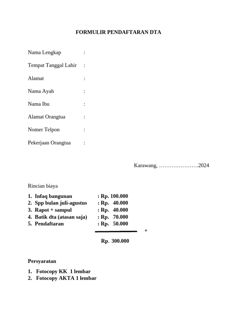 FORMULIR PENDAFTARAN DTA | PDF