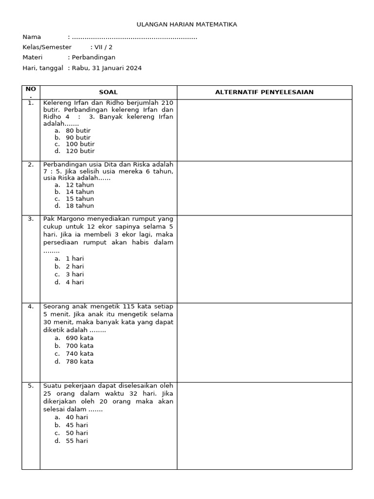 Ulangan Harian Matematika Kelas VII | PDF