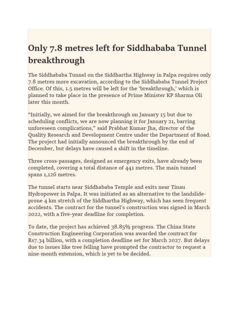 Siddhababa Tunnel Nears Breakthrough | PDF
