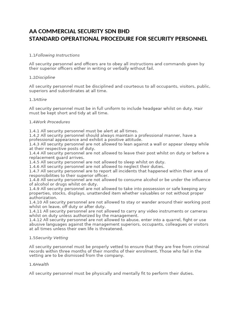 Security Personnel SOP Guidelines | PDF | Elevator | Police