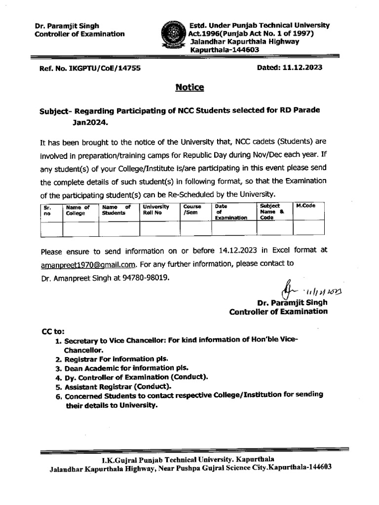 NCC Students RD Parade Participation Notice | PDF
