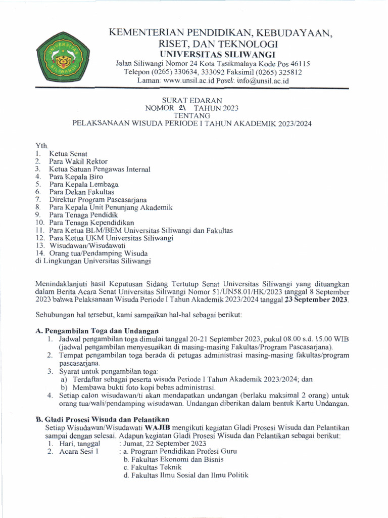 SE Pelaksanaan Wisuda Periode I Tahun Akademik 2023 2024 | PDF