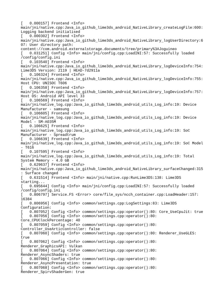 Lime3DS Android Debug Log | PDF | Computing | Computer Science