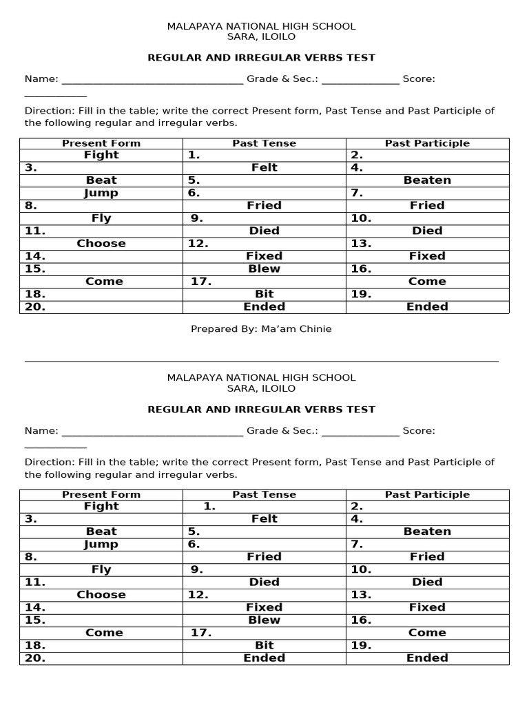 Regular and Irregular Verbs Test | PDF | Grammatical Tense | Linguistic ...
