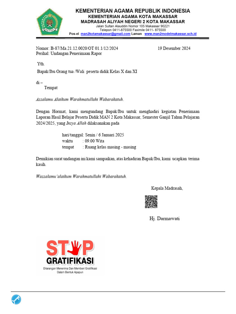 Undangan Penerimaan Rapor Kelas X | PDF